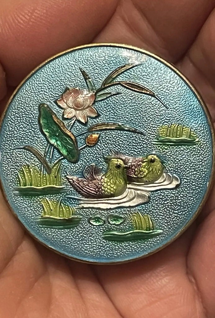 Vintage Chinese Enamel Trinket Box: Silver Mandarin Duck & Lotus - Etsy