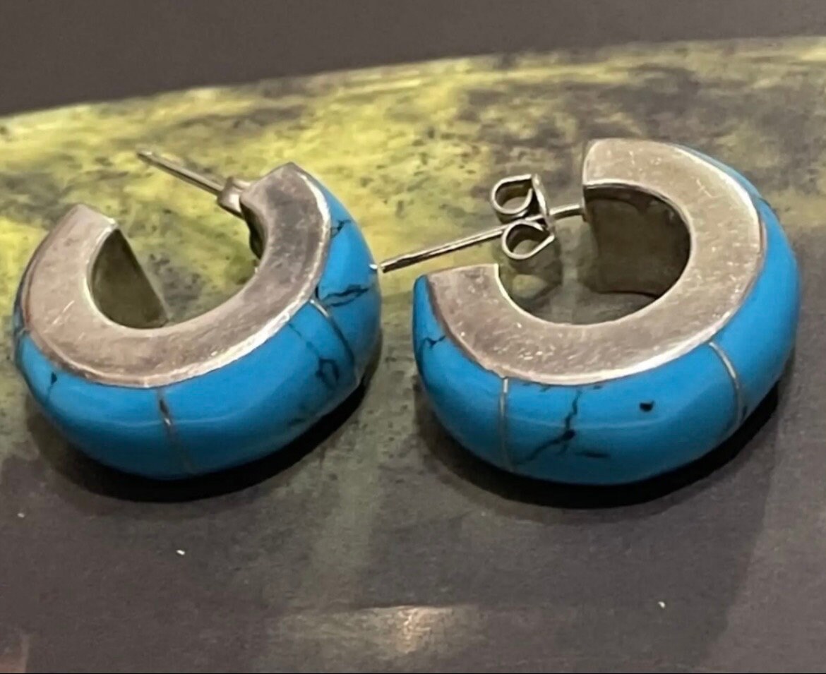 Stunning HOB Navajo Vintage Inlay Genuine Turquoise Hoop Sterling ...