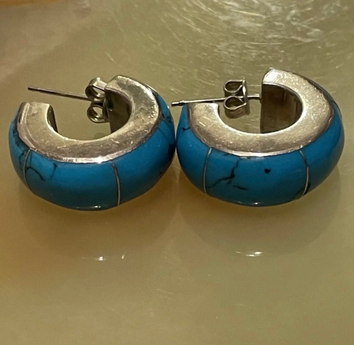 Stunning HOB Navajo Vintage Inlay Genuine Turquoise Hoop Sterling ...