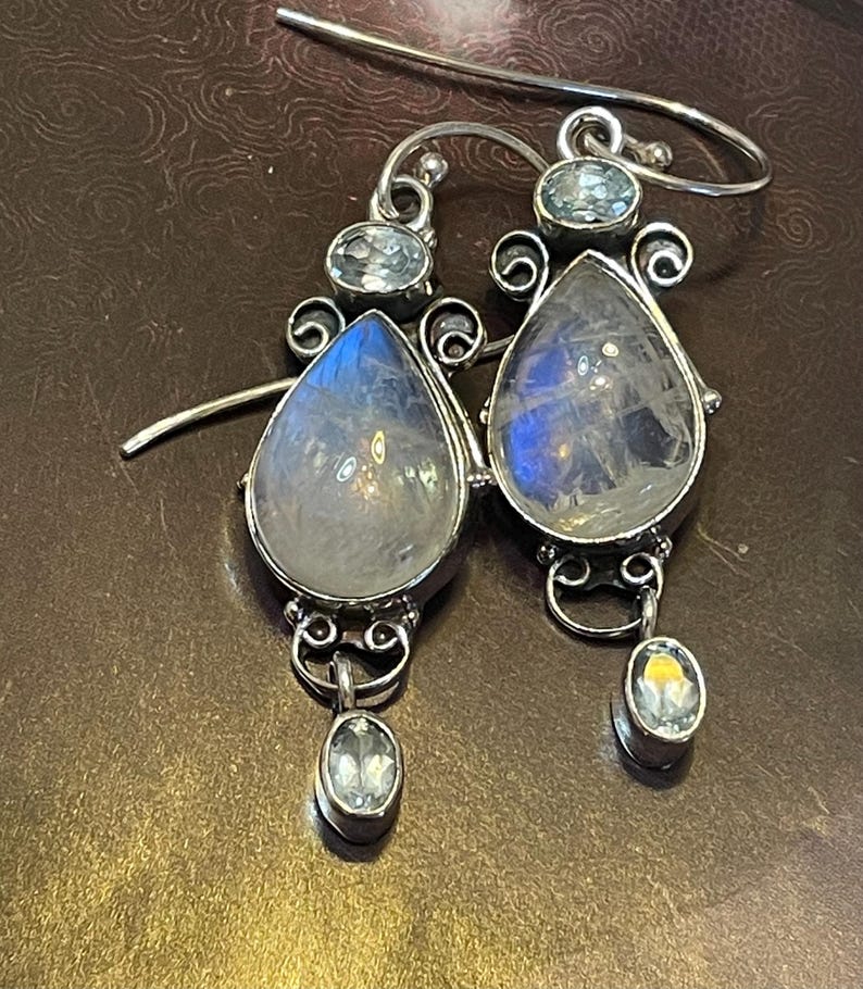 Stunning Vintage Large Rainbow Moonstone With Natual Aquamarine ...