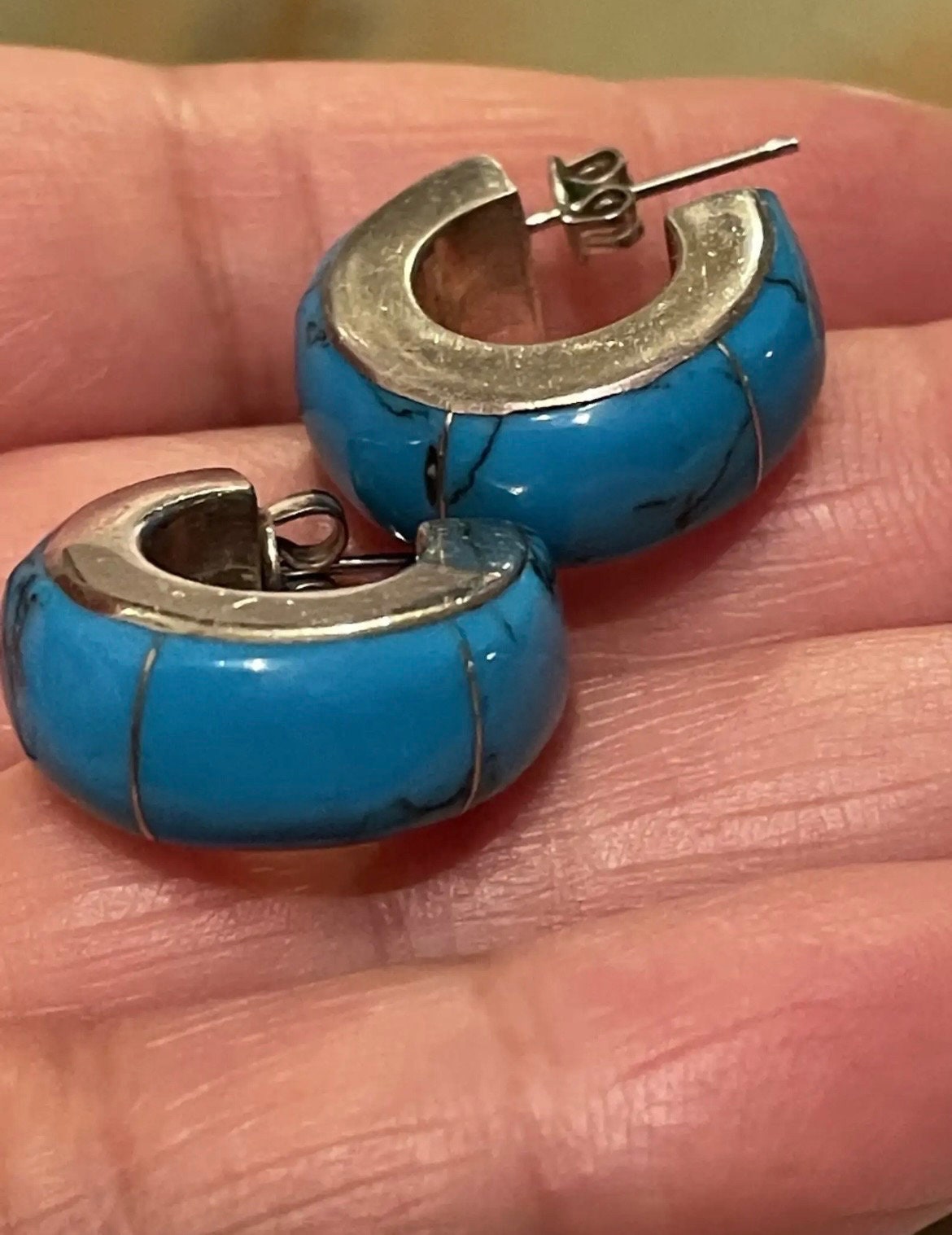 Stunning HOB Navajo Vintage Inlay Genuine Turquoise Hoop Sterling ...