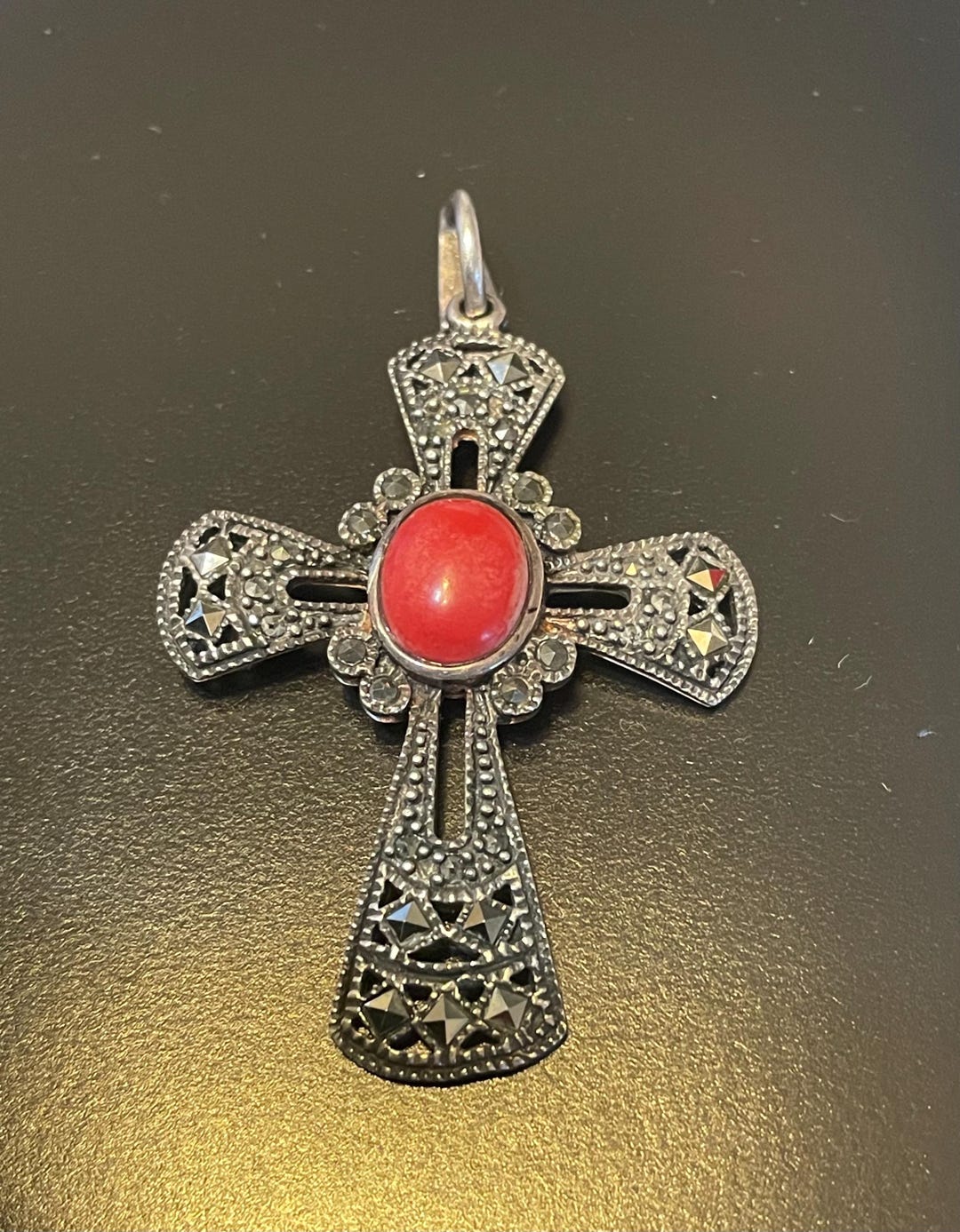 Art Deco Vintage Natural Red Coral Cross With Marcasite Sterling Silver ...
