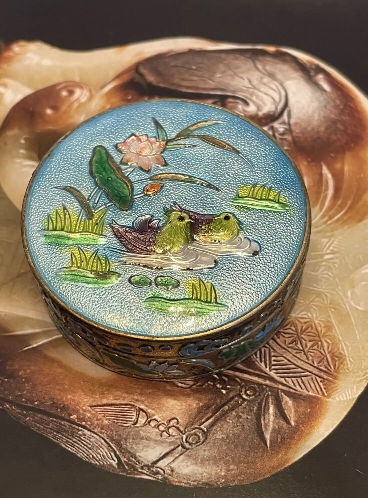 Vintage Chinese Enamel Trinket Box: Silver Mandarin Duck & Lotus - Etsy