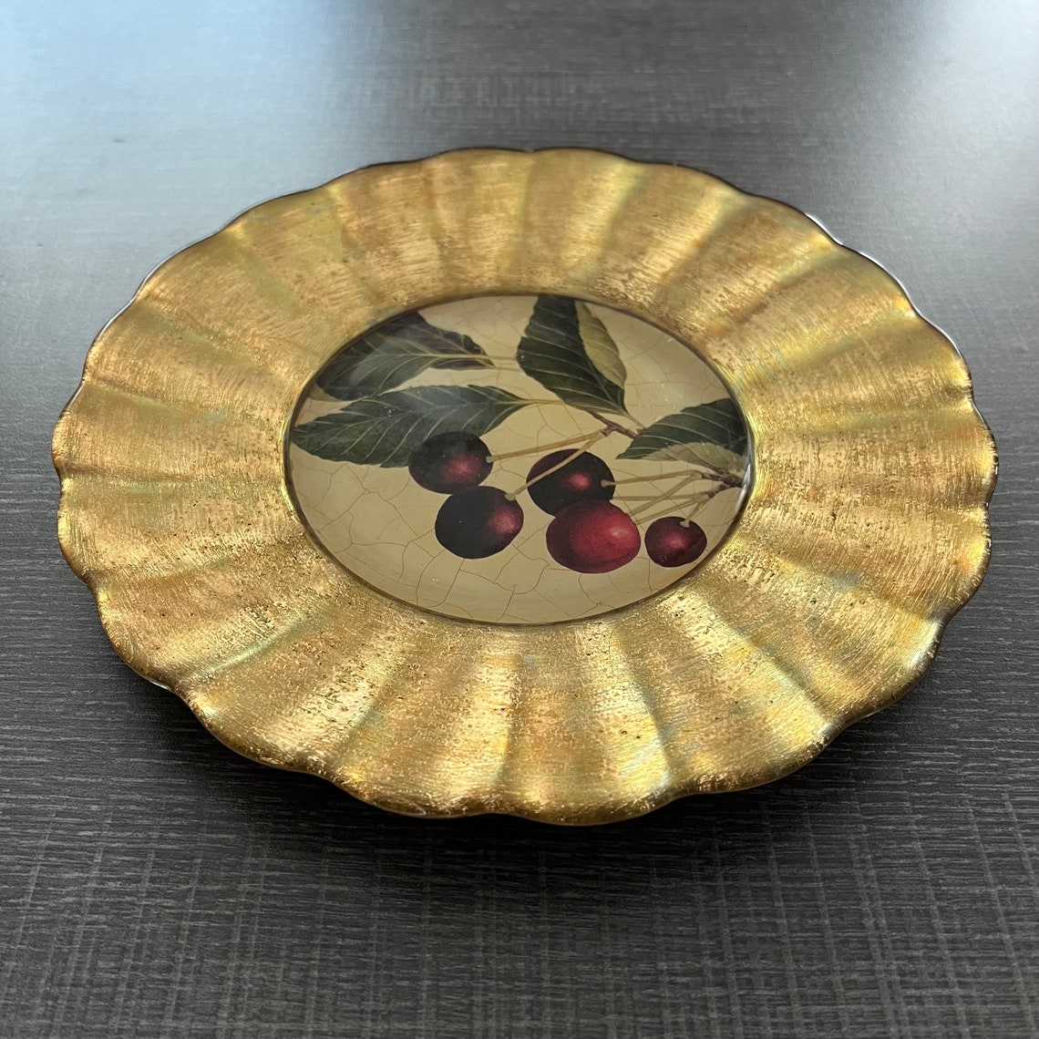 Vintage Lesley Roy 24k Small Gold Plate - 1929 9” Fluted Cherries ...