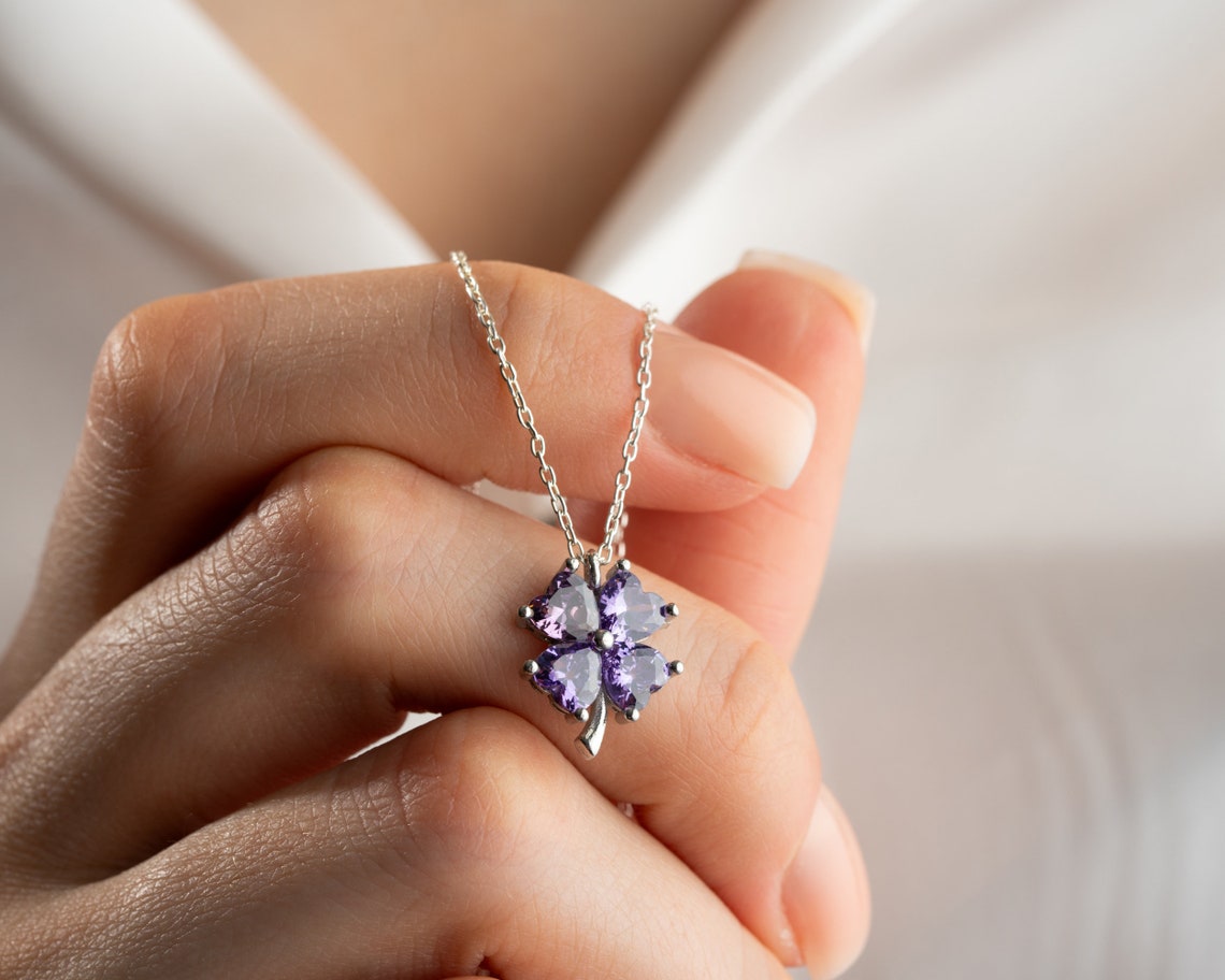 Amethyst Birthstone Necklace, February Birth Flower Necklace ...