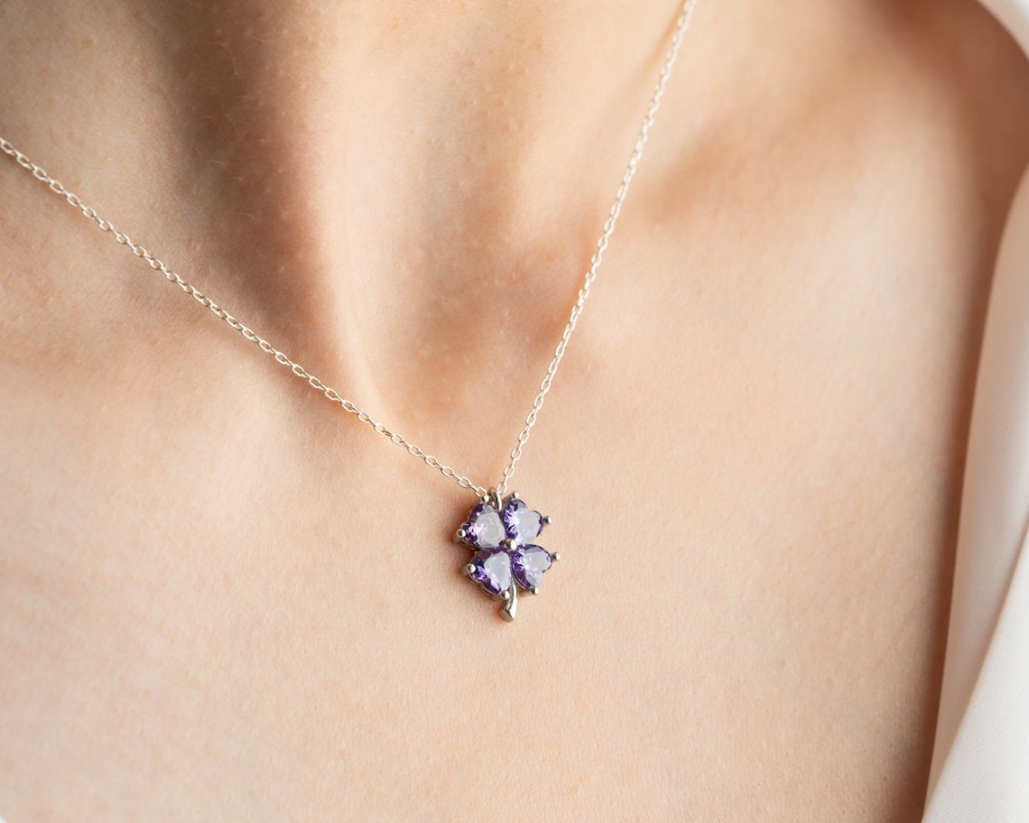 Amethyst Birthstone Necklace, February Birth Flower Necklace ...