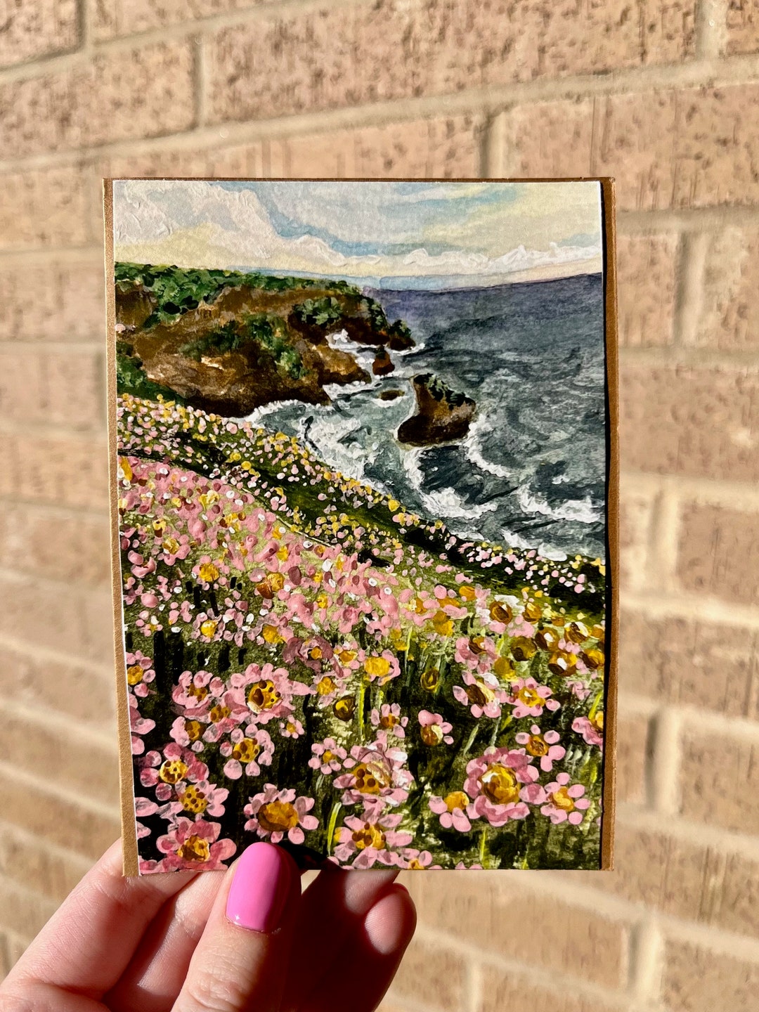 Oceanside Cliff With Flowers- Watercolor Card - Etsy