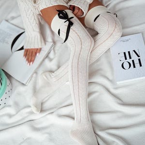 Openwork Braid Over the Knee Socks Ribbon Bow Socks, Socks, Funny Socks ...