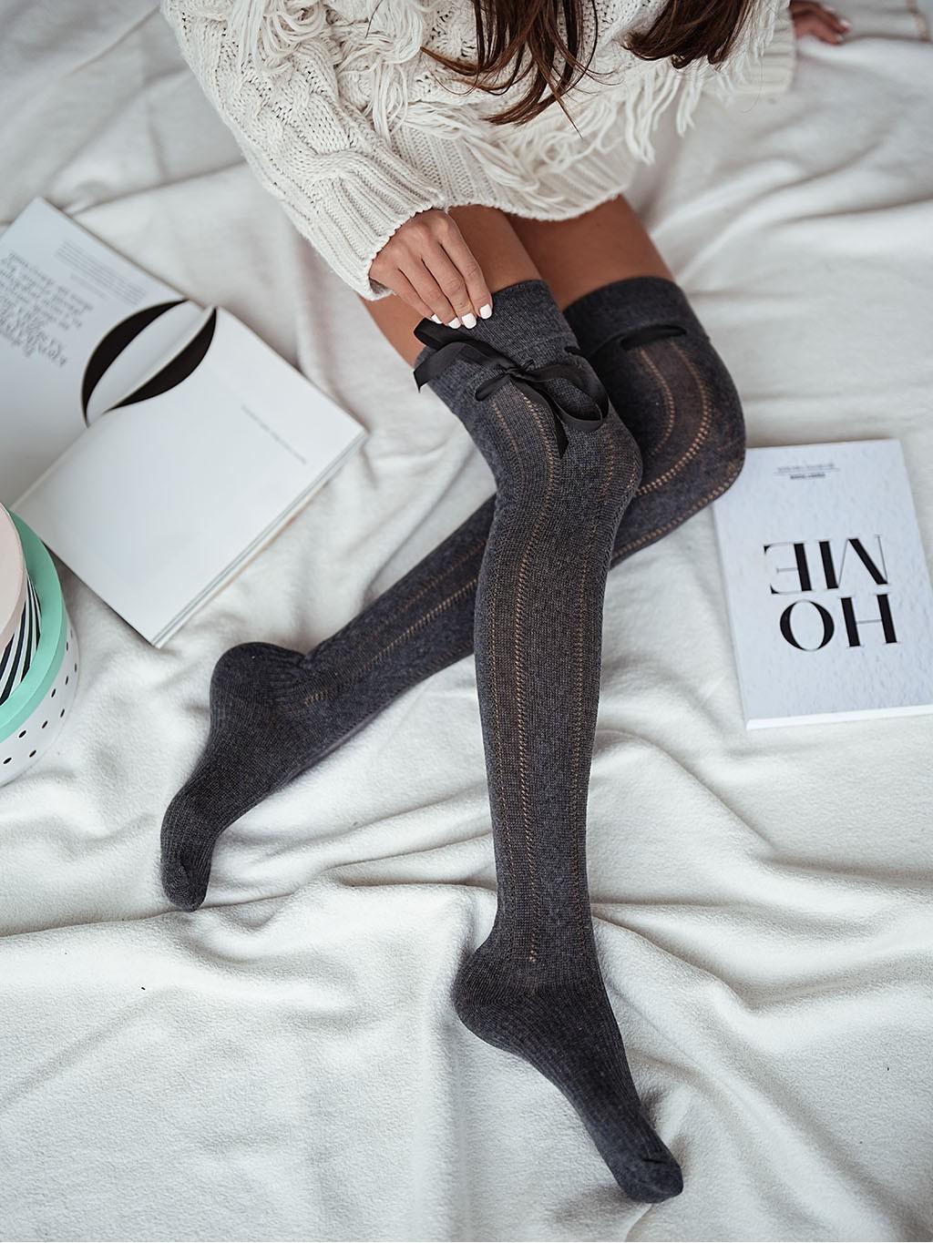 Openwork Over the Knee Socks: Cotton Braid Ribbon Bow Socks - Etsy