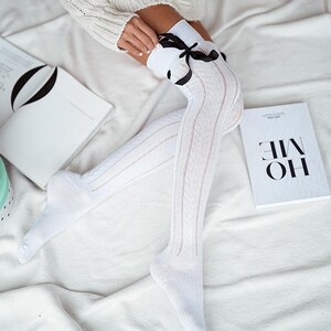 Openwork Braid Over the Knee Socks Ribbon Bow Socks, Socks, Funny Socks ...