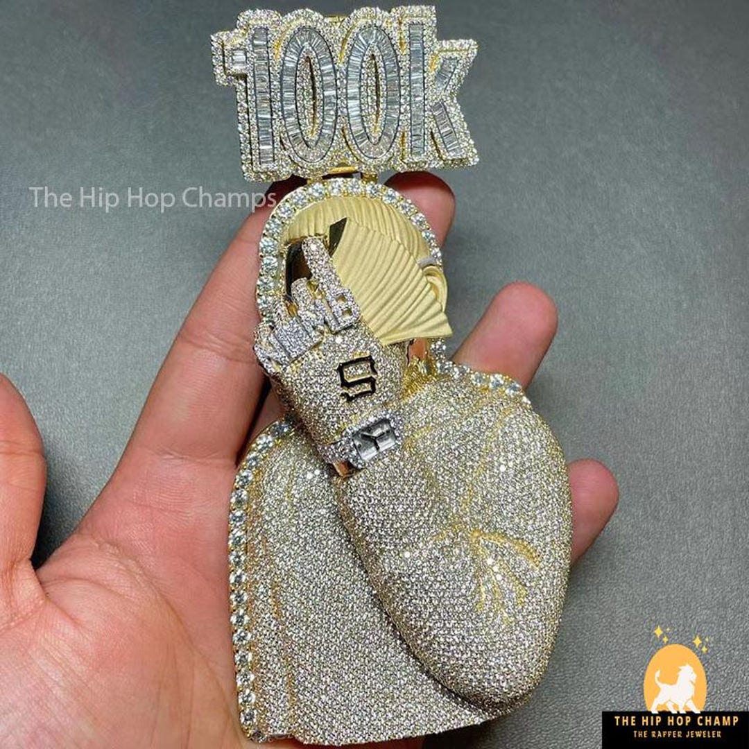 Custom 3D Rapper Enamel Face Pendant, Baguette Moissanite, 14kt Gold ...