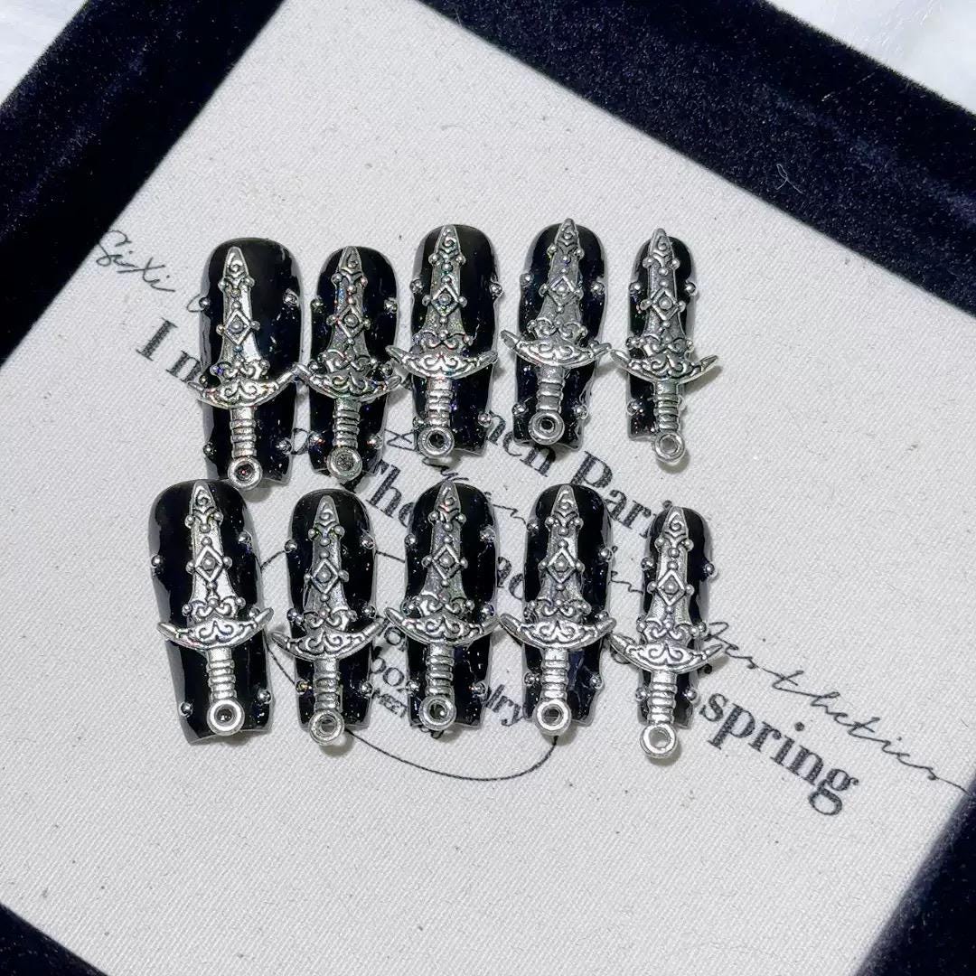 Gothic Black Press-on Nails With 3D Dagger Charms – Handmade Statement ...