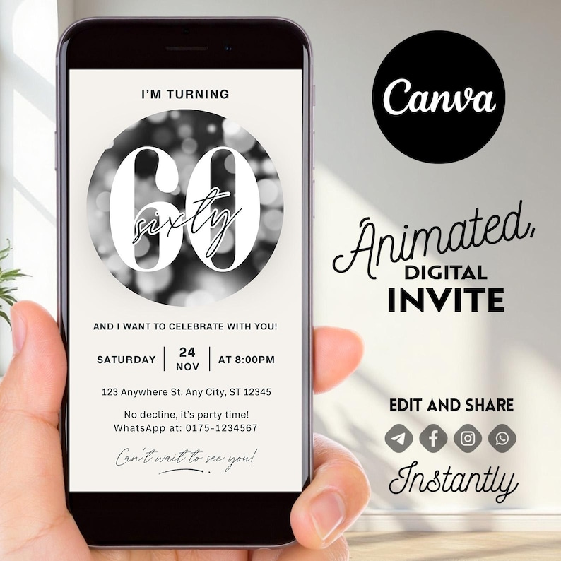 Modern 60th Birthday Invitation, Editable Canva Evite, Milestone Party ...