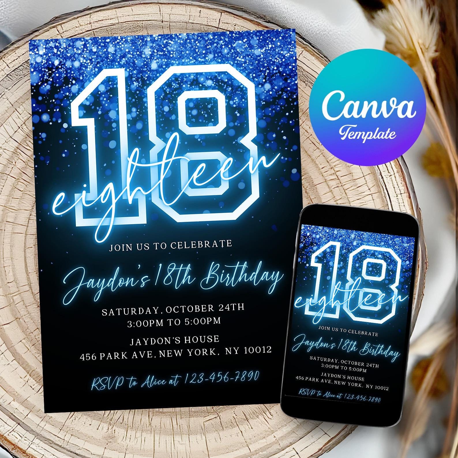 Editable Boy Glitter Birthday Invite 18th Birthday Invitation Template ...