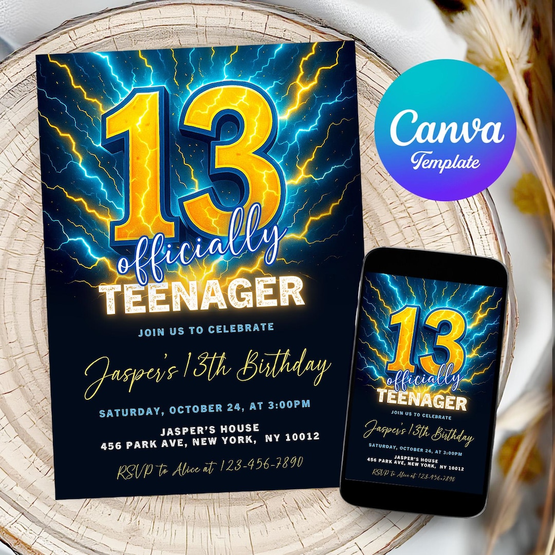 13th Birthday Invitation Boy Neon Editable Party Template Instant ...