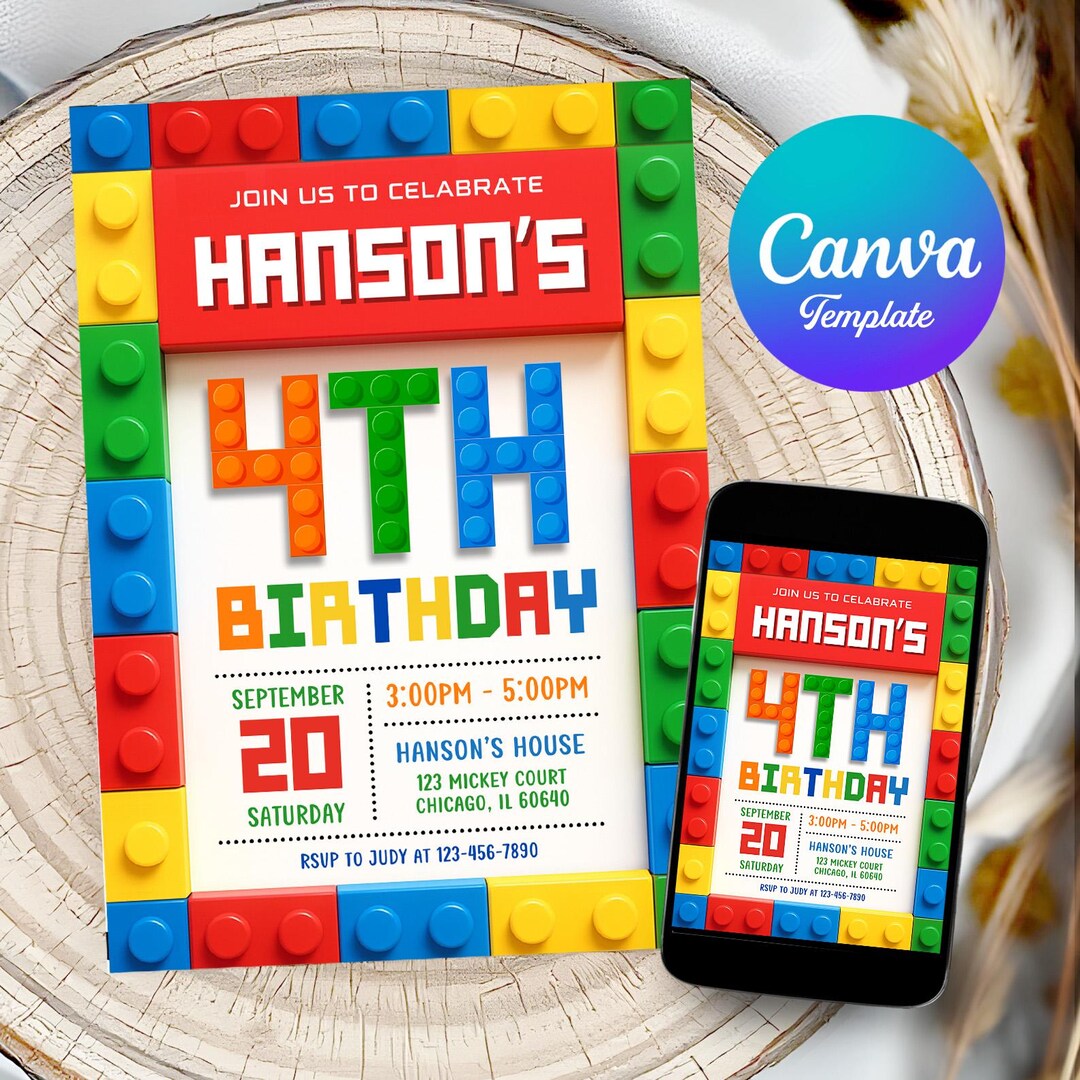 4th Birthday Building Blocks Invitation, Editable Blocks Party Invite ...