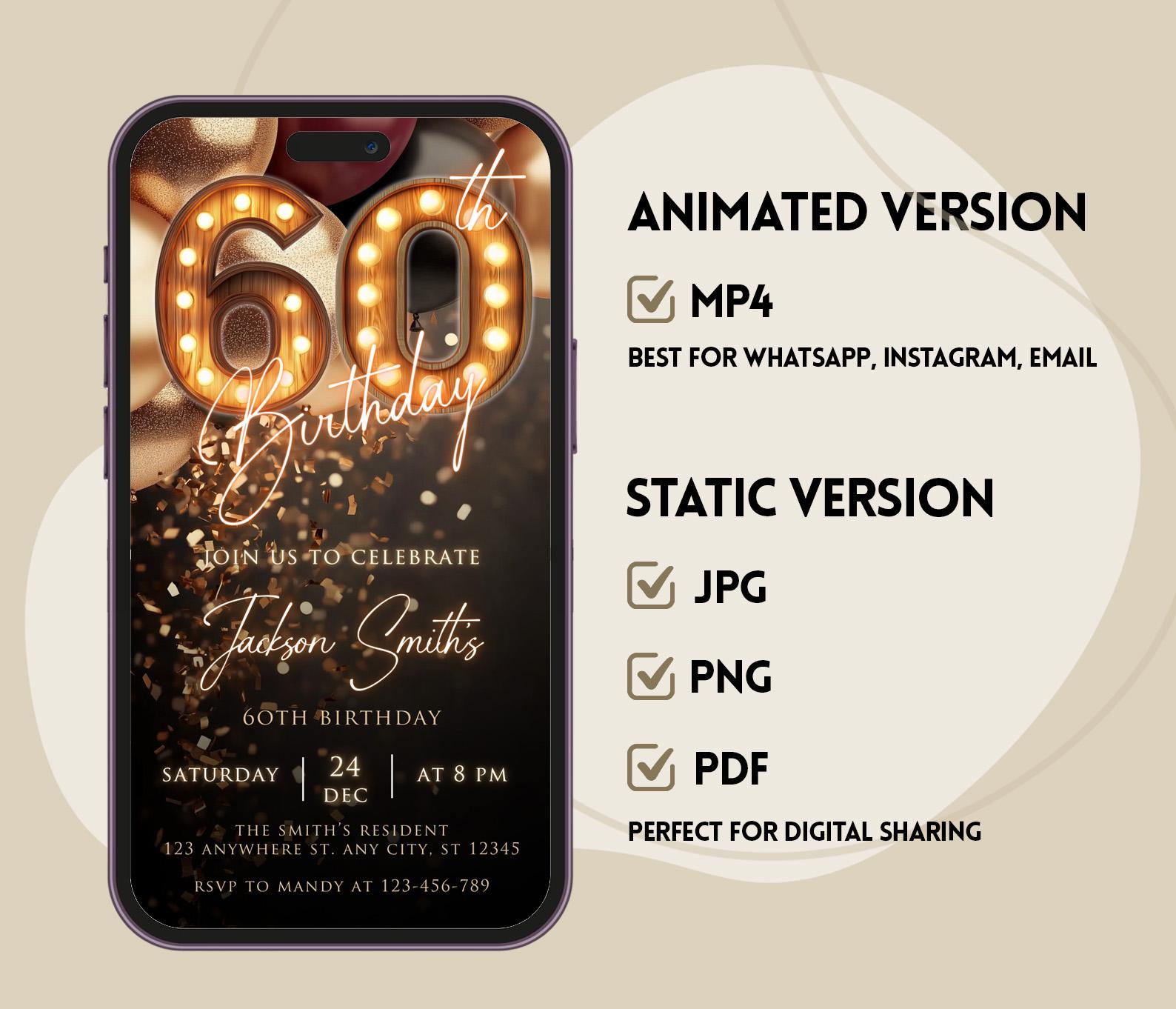 60th Birthday Invitation, Rustic Marquee Lights Party Invite, Editable ...