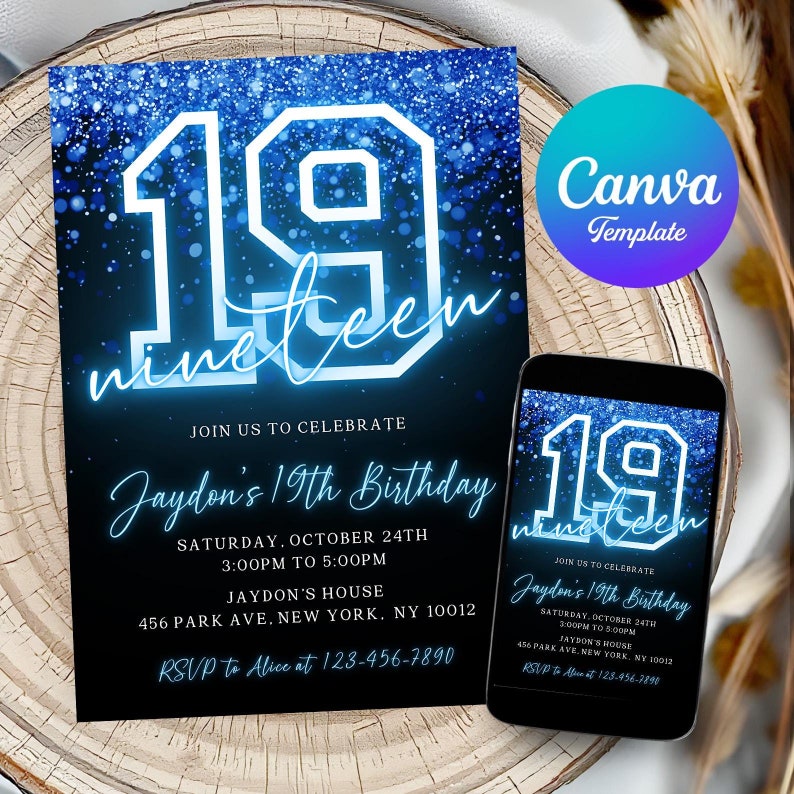 Editable Boy Glitter Birthday Invite 19th Birthday Invitation Template ...