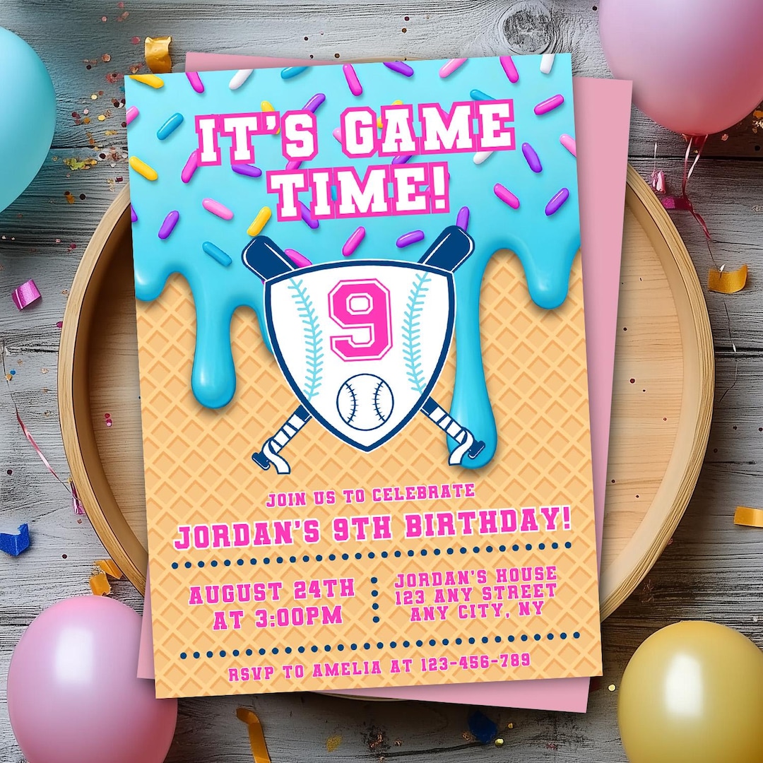 Baseball Drip Birthday Party Invitation, Editable Canva Template ...