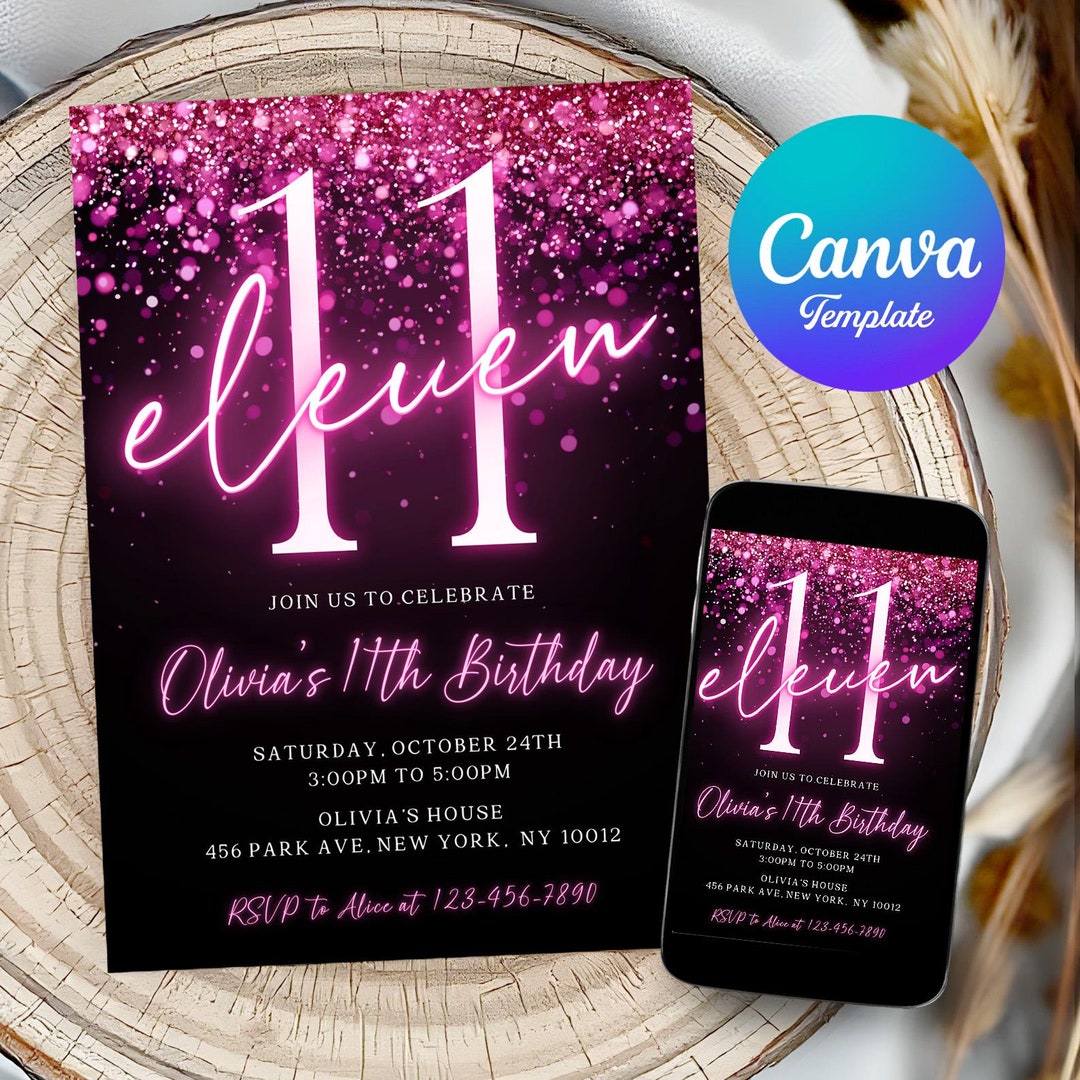 Editable Girl Glitter Birthday Invite 11th Birthday Invitation Template ...