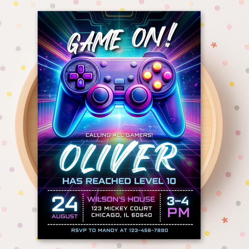 Editable Video Game Birthday Invitation, Level up Party Invite, Neon ...