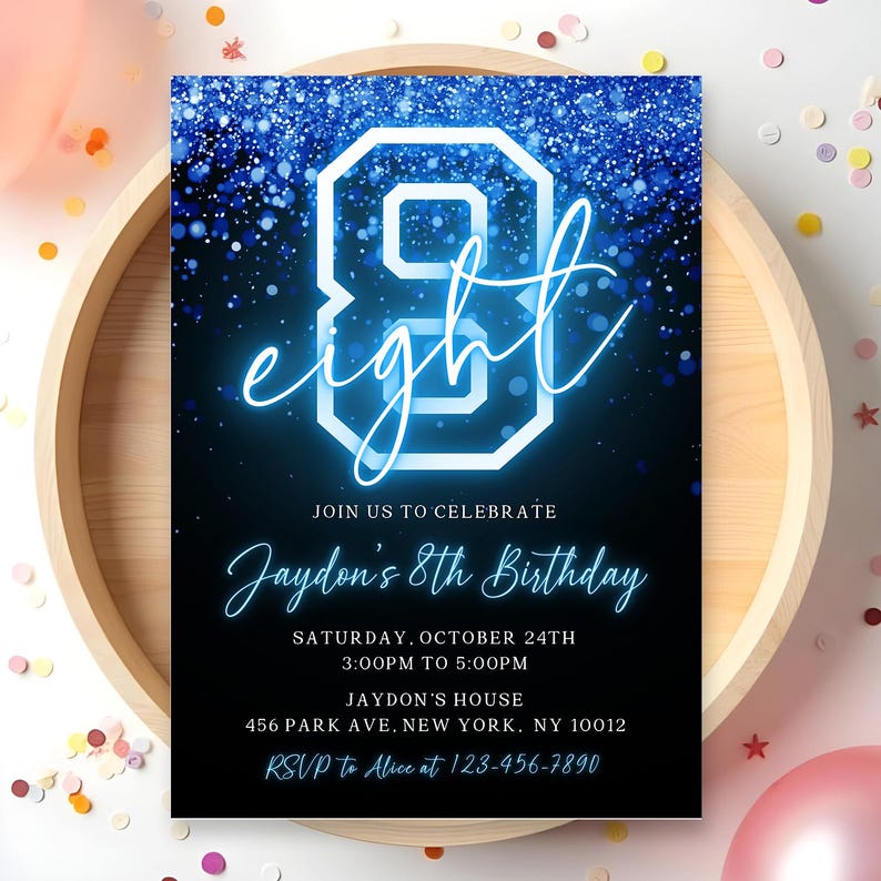 Editable Boy Glitter Birthday Invite 8th Birthday Invitation Template Neon Number Boy Neon ...