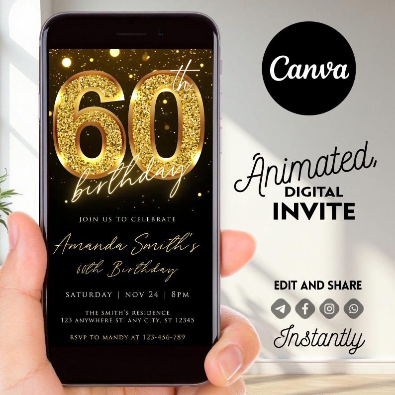60th Birthday Invitation, Gold Digital Invite, Editable Canva Template ...