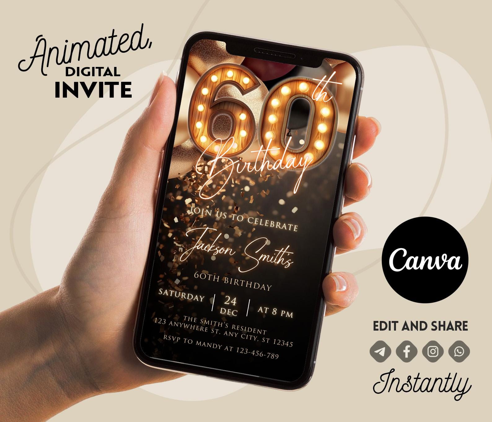 60th Birthday Invitation, Rustic Marquee Lights Party Invite, Editable ...