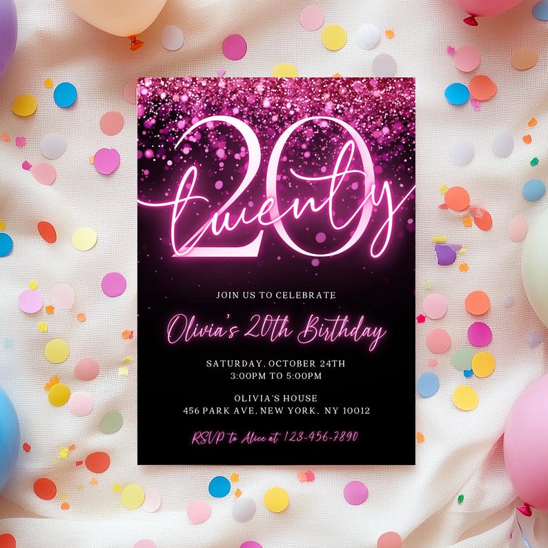 Editable Girl Glitter Birthday Invite 20th Birthday Invitation Template ...