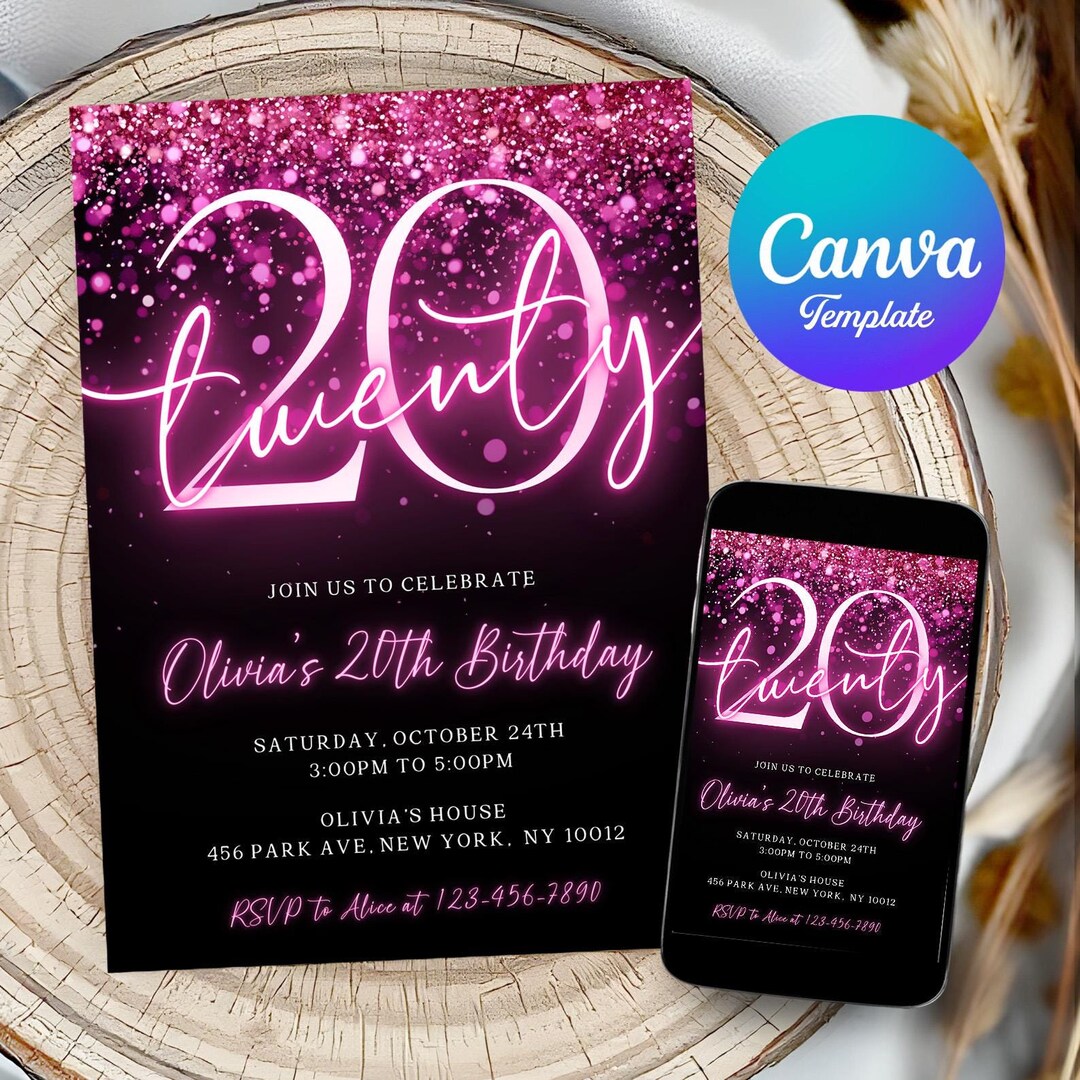 Editable Girl Glitter Birthday Invite 20th Birthday Invitation Template ...