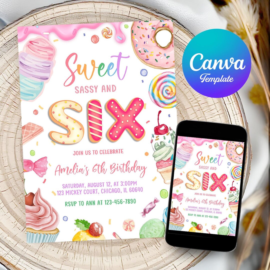 Sweet Sassy and Six Birthday Invitation, 6th Birthday Girl Invite ...