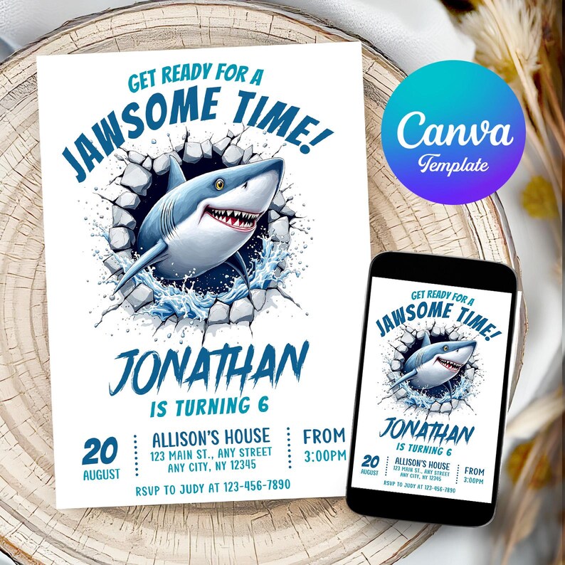 Editable Shark Birthday Invitation for Boys, Ocean Theme Party Invite ...