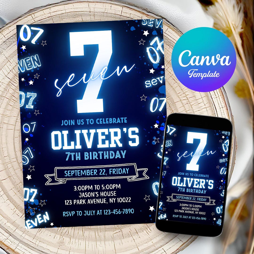 7th Birthday Invitation Boy Neon Editable Party Template Instant ...