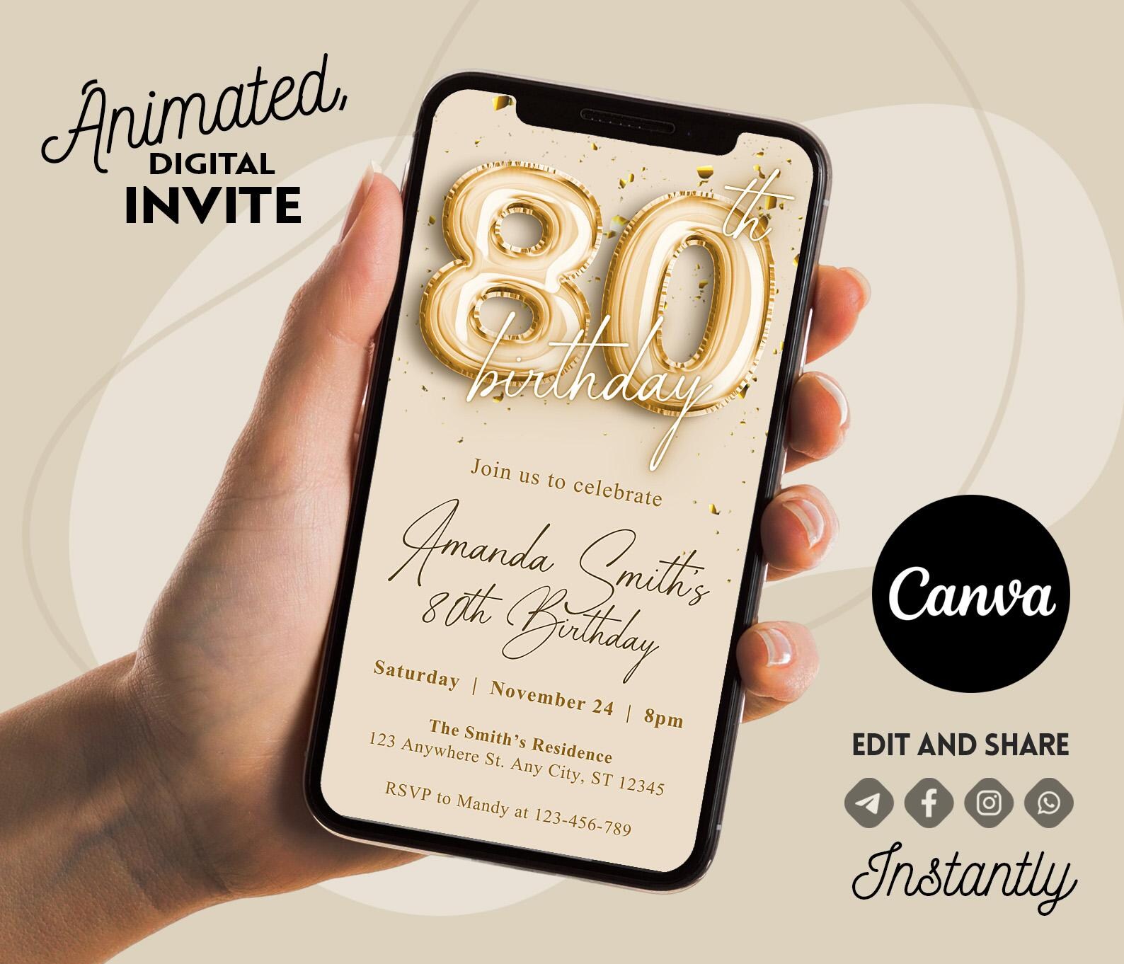 80th Birthday Evite, Digital Birthday Invitation, 80th Birthday Party ...
