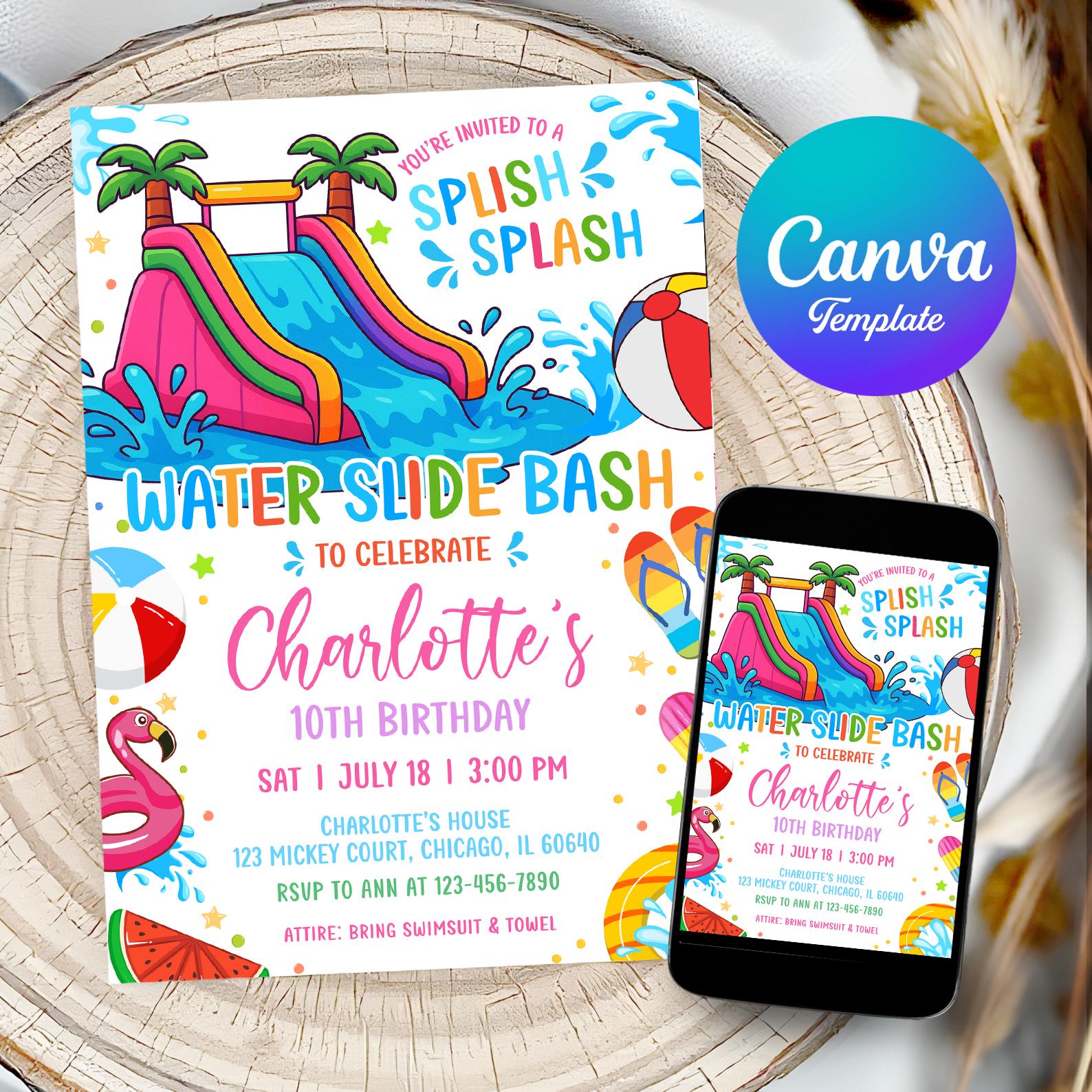 Editable Waterslide Birthday Invitation Water Slide Splash Party Summer ...