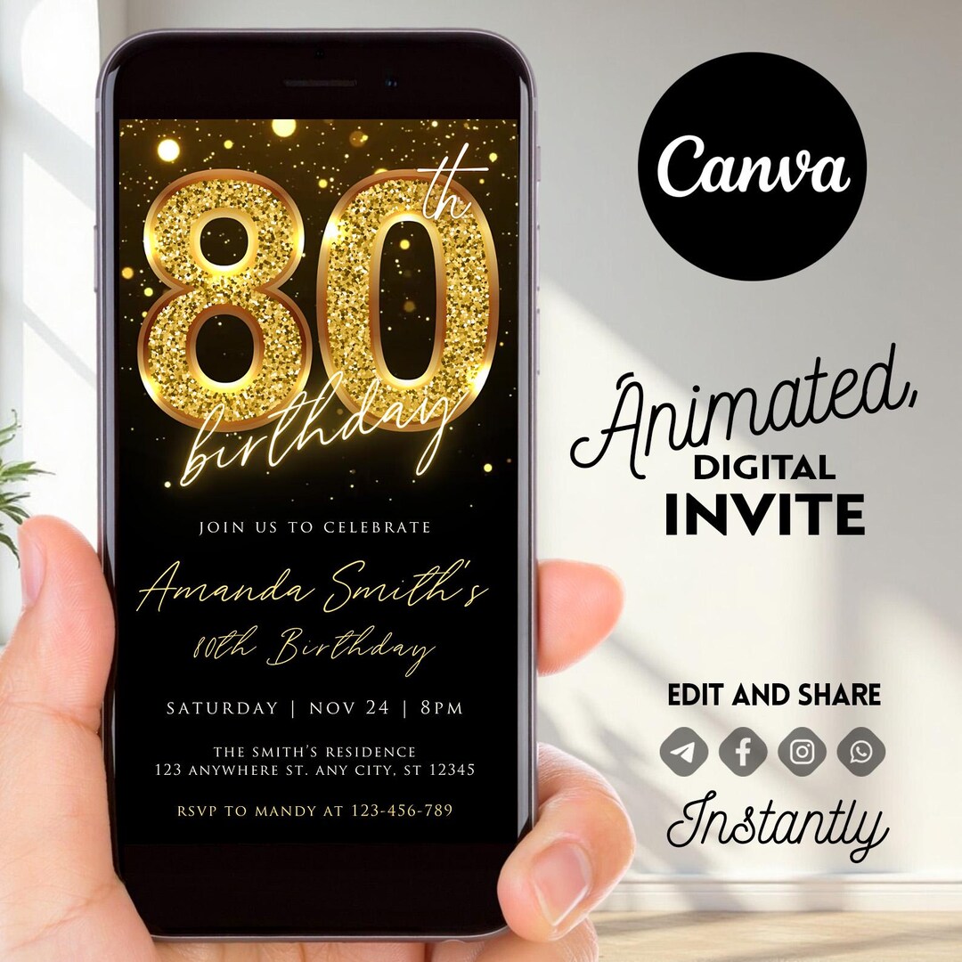 80th Birthday Invitation, Gold Digital Invite, Printable Evite ...