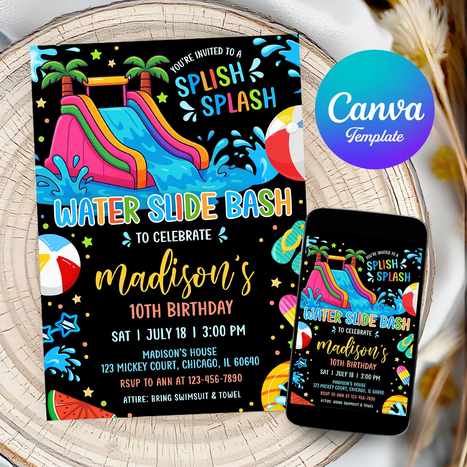 Editable Waterslide Birthday Invitation Water Slide Splash Party Summer ...