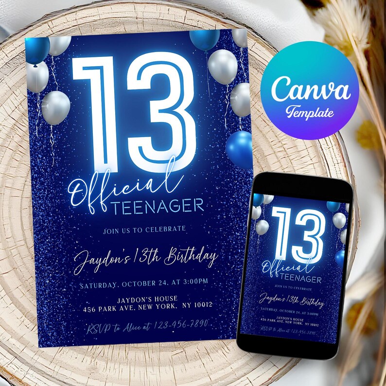 13th Birthday Invitation Boy Neon Editable Party Template Instant ...