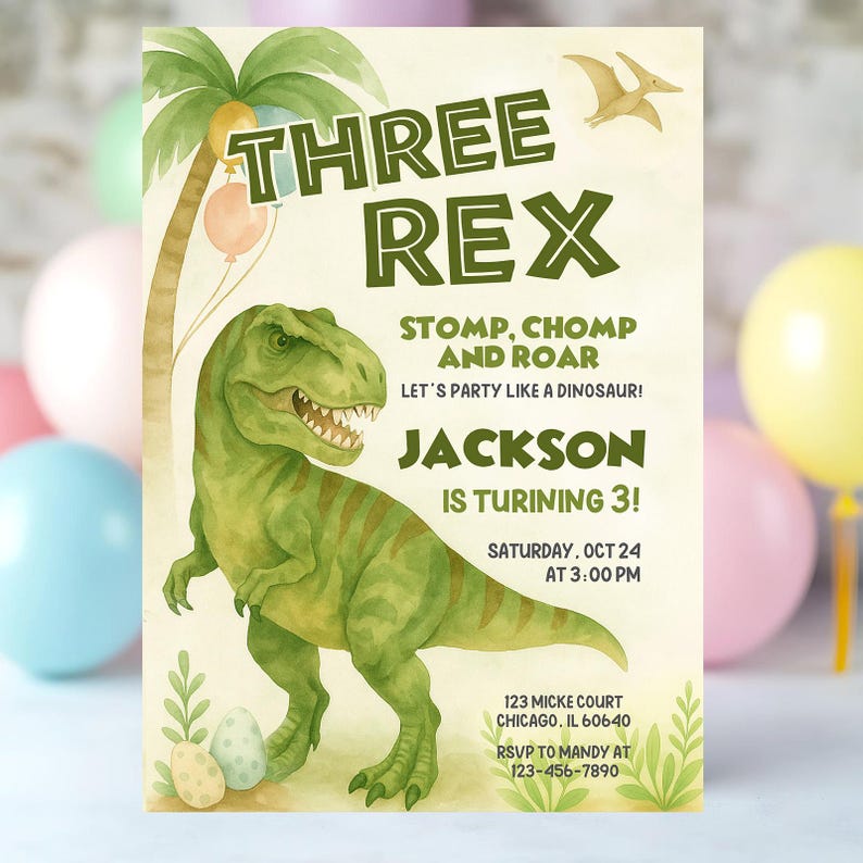 Editable Three Rex Dinosaur Birthday Invitation 3 Rex Party Invite ...
