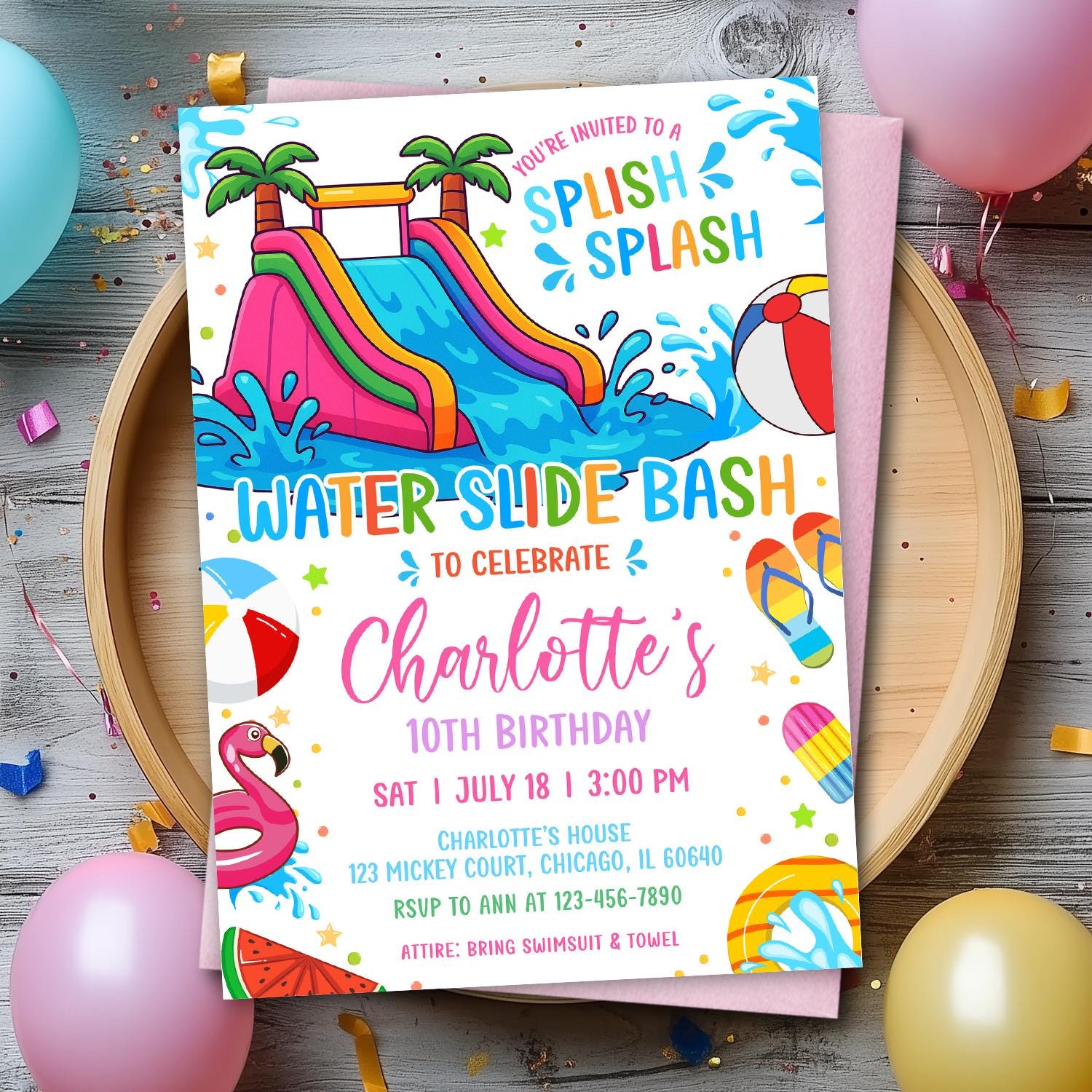 Editable Waterslide Birthday Invitation Water Slide Splash Party Summer ...