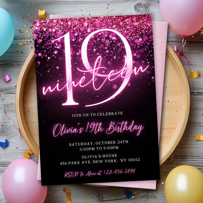 Editable Girl Glitter Birthday Invite 19th Birthday Invitation Template ...