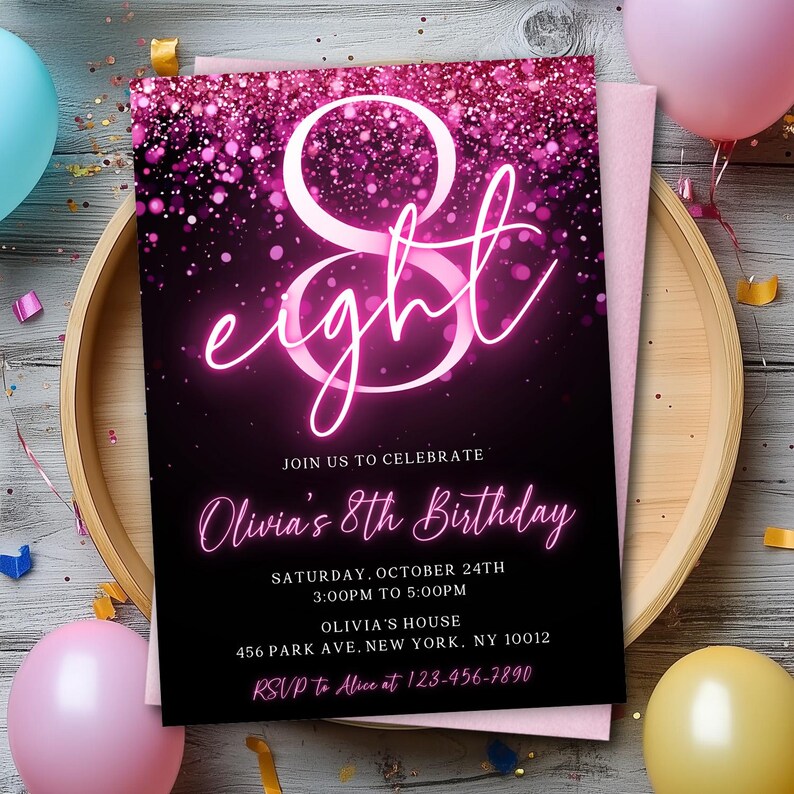 Editable Girl Glitter Birthday Invite 8th Birthday Invitation Template ...