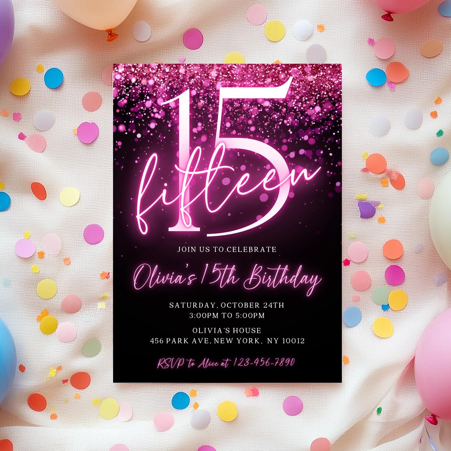 Editable Girl Glitter Birthday Invite 15th Birthday Invitation Template ...