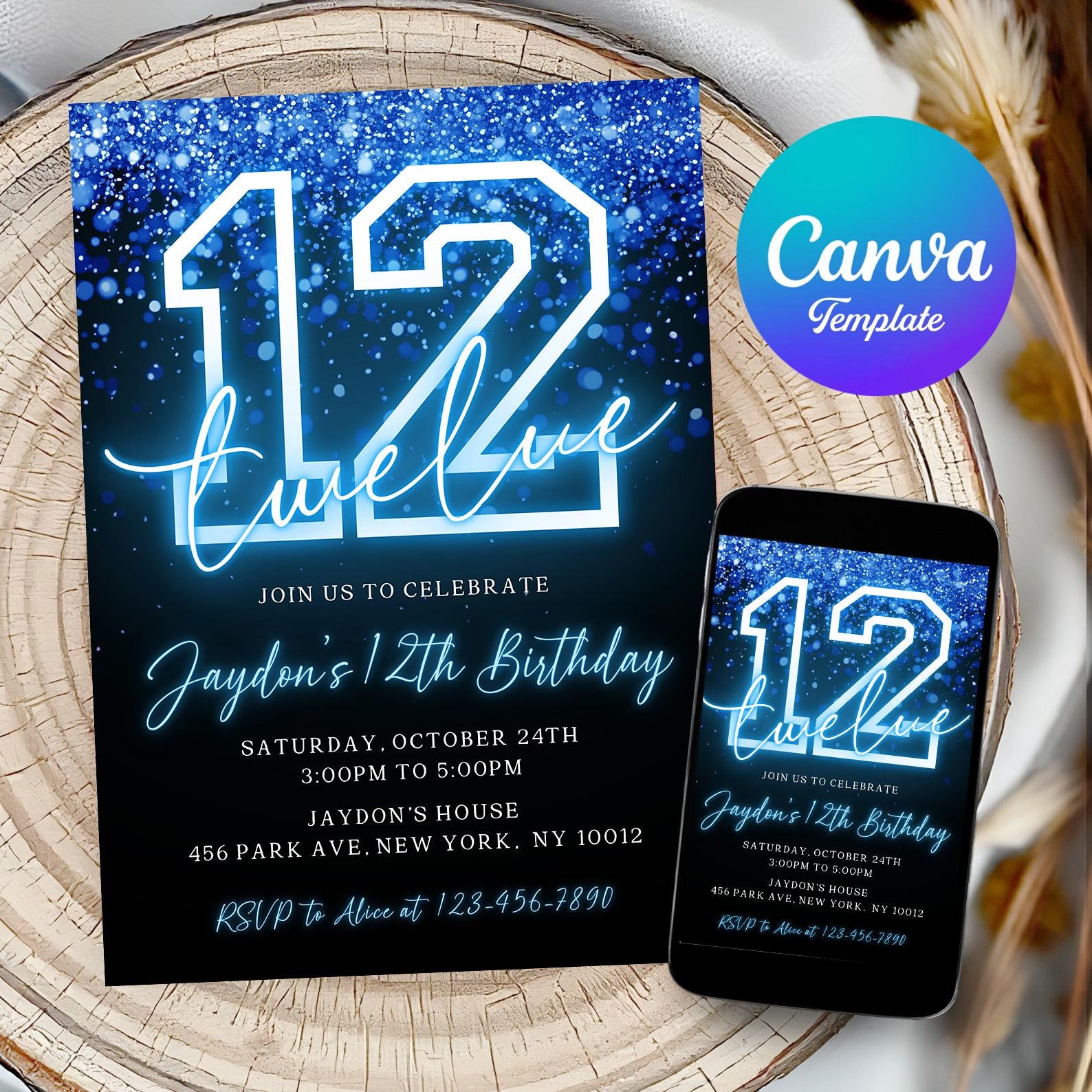 Editable Boy Glitter Birthday Invite 12th Birthday Invitation Template ...