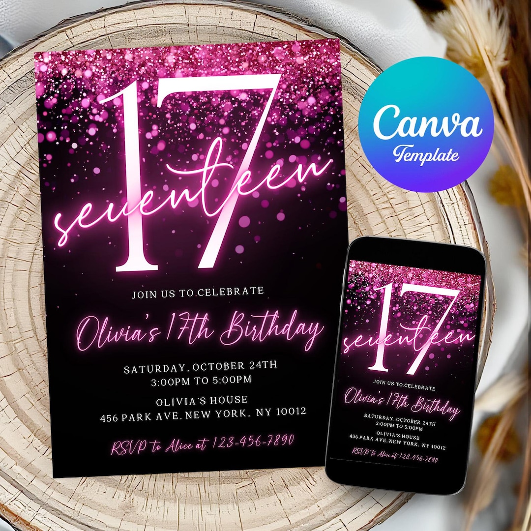 Editable Girl Glitter Birthday Invite 17th Birthday Invitation Template ...