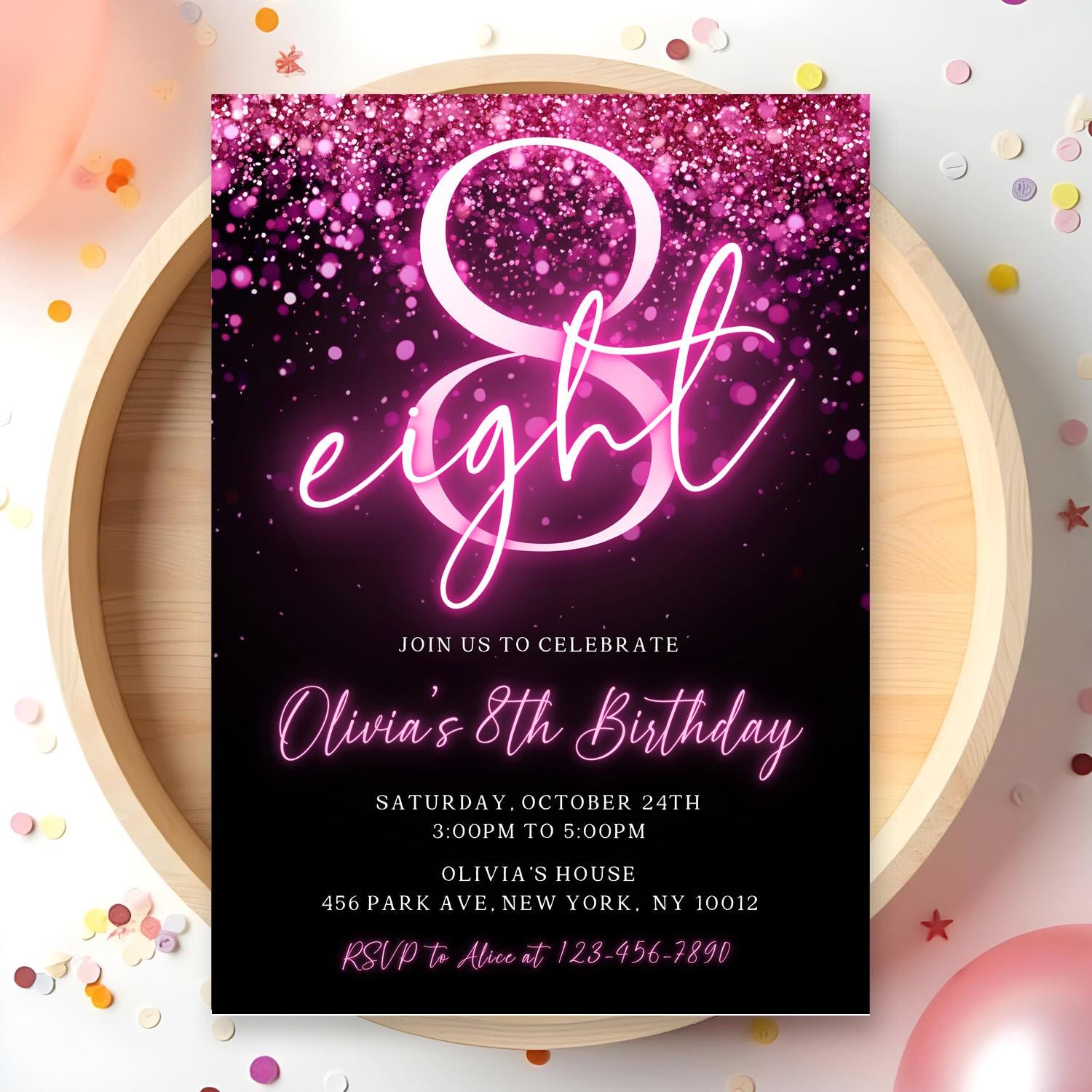 Editable Girl Glitter Birthday Invite 8th Birthday Invitation Template ...