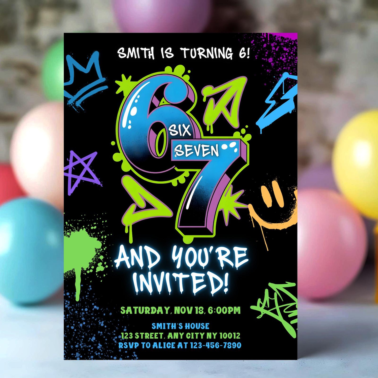 Editable Six Seven Birthday Party Invitation, 6 7 Meme Birthday, 6 7 ...