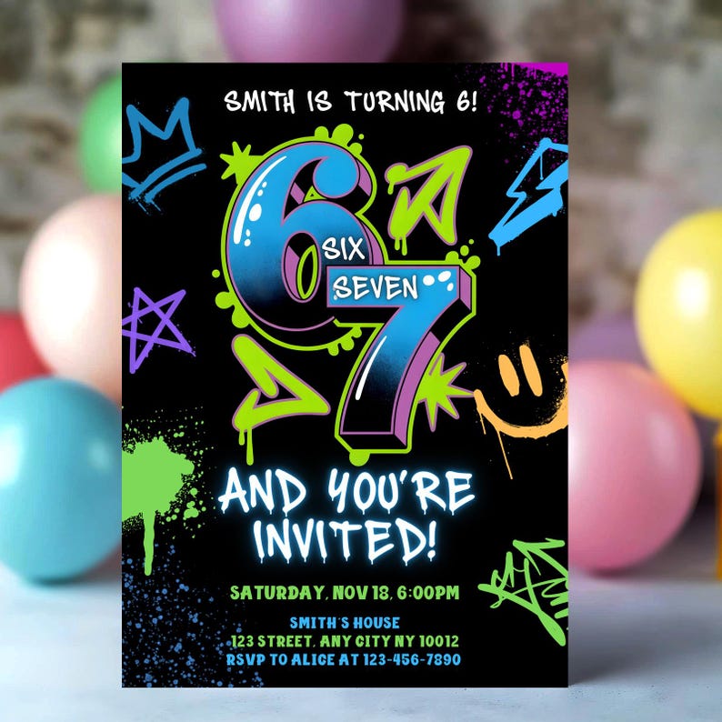 Editable Six Seven Birthday Party Invitation, 6 7 Meme Birthday, 6 7 ...