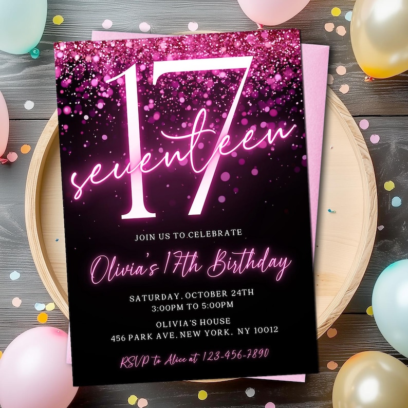 Editable Girl Glitter Birthday Invite 17th Birthday Invitation Template ...