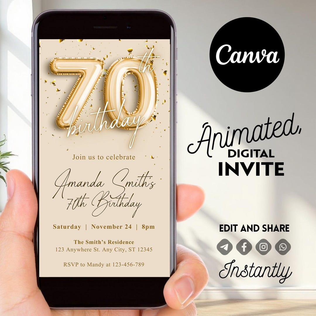 70th Birthday Invitation, Digital 70th Birthday Evite, Editable Party ...